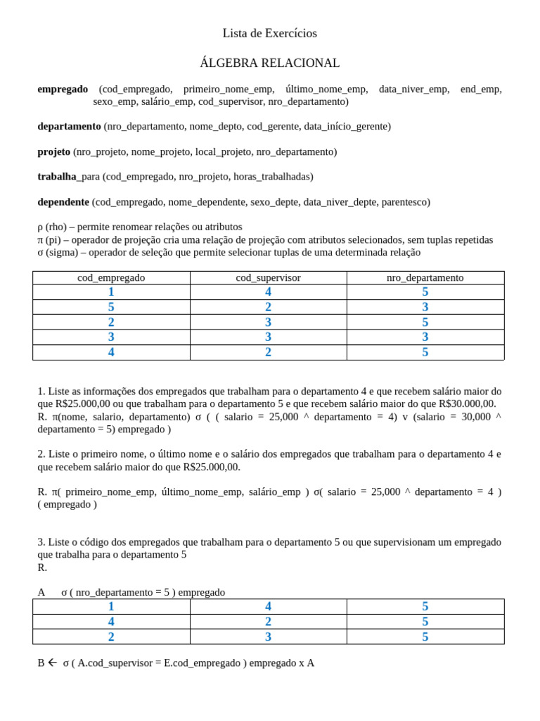 Exercícios de Álgebra Relacional | PDF