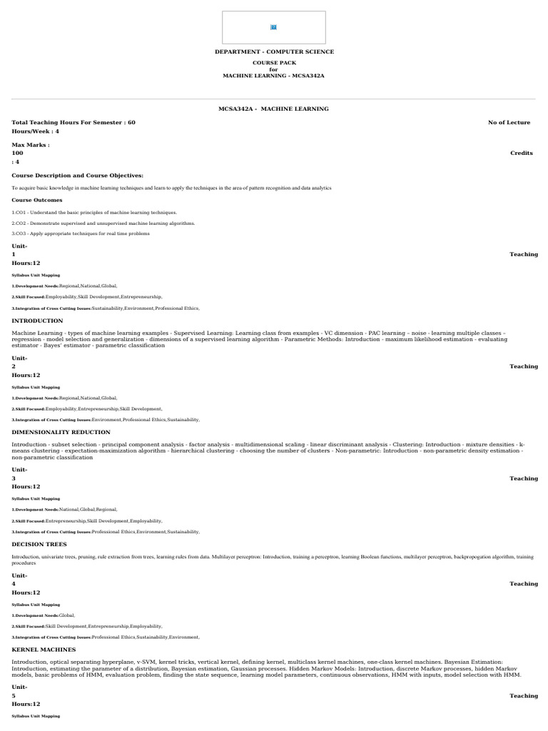 Machine Learning (Mcsa342a) - 1689429684402 | PDF | Machine Learning | Cluster Analysis