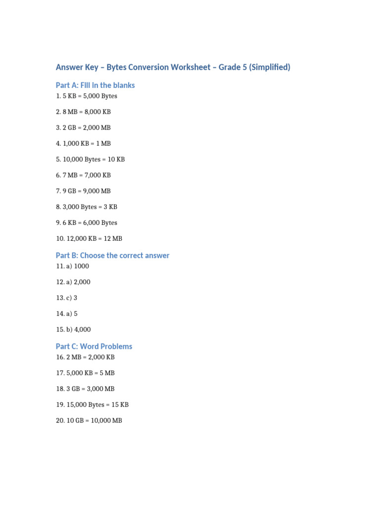 Answer Key Bytes Conversion Grade5 | PDF