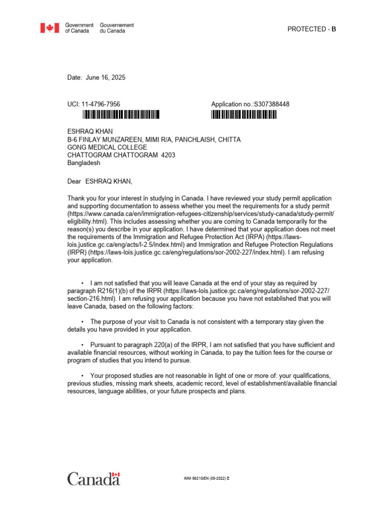 IMM5621GEN052022 - 1-ZYFRZCU IRCC Immigration Refusal Letter | PDF | Human Migration | Justice