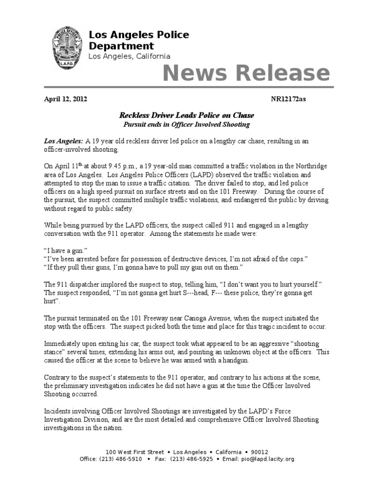 LAPD Press Release: 'I Have A Gun,' Abdul Arian Told Dispatcher | PDF | Los Angeles Police ...