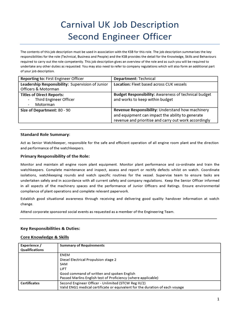 Second Engineer Officer Job Description | PDF | Audit | Emergency