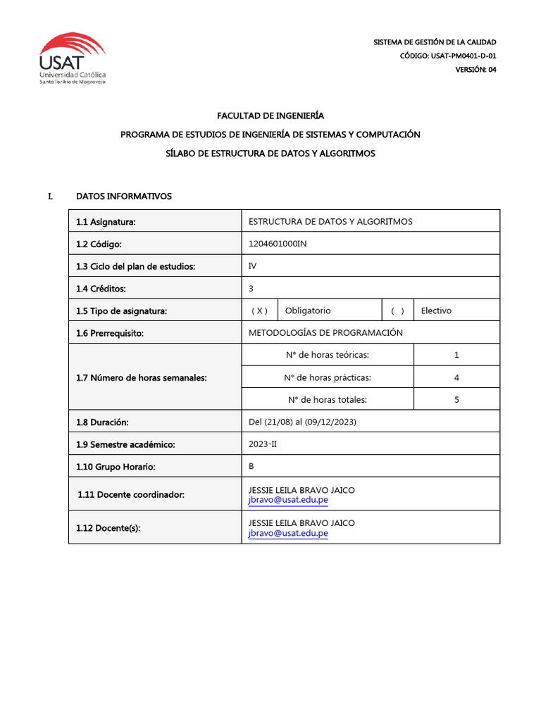 Silabo 2023-II ESTRUCTURA DE DATOS Y ALGORITMOS B | PDF | Evaluación | Entorno de desarrollo ...