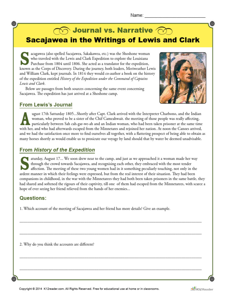 Journal Vs Narrative Sacajawea | PDF | Sacagawea | Lewis And Clark ...