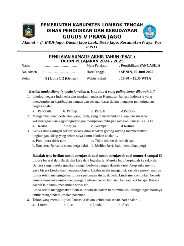 PSAT TH. 2025 Pd. Pancasila Kls. 5 | PDF