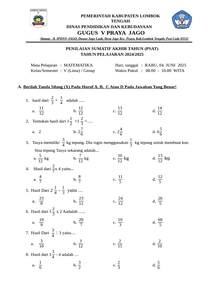 Psat Th. 2025 Matematika Kls. 5 | PDF