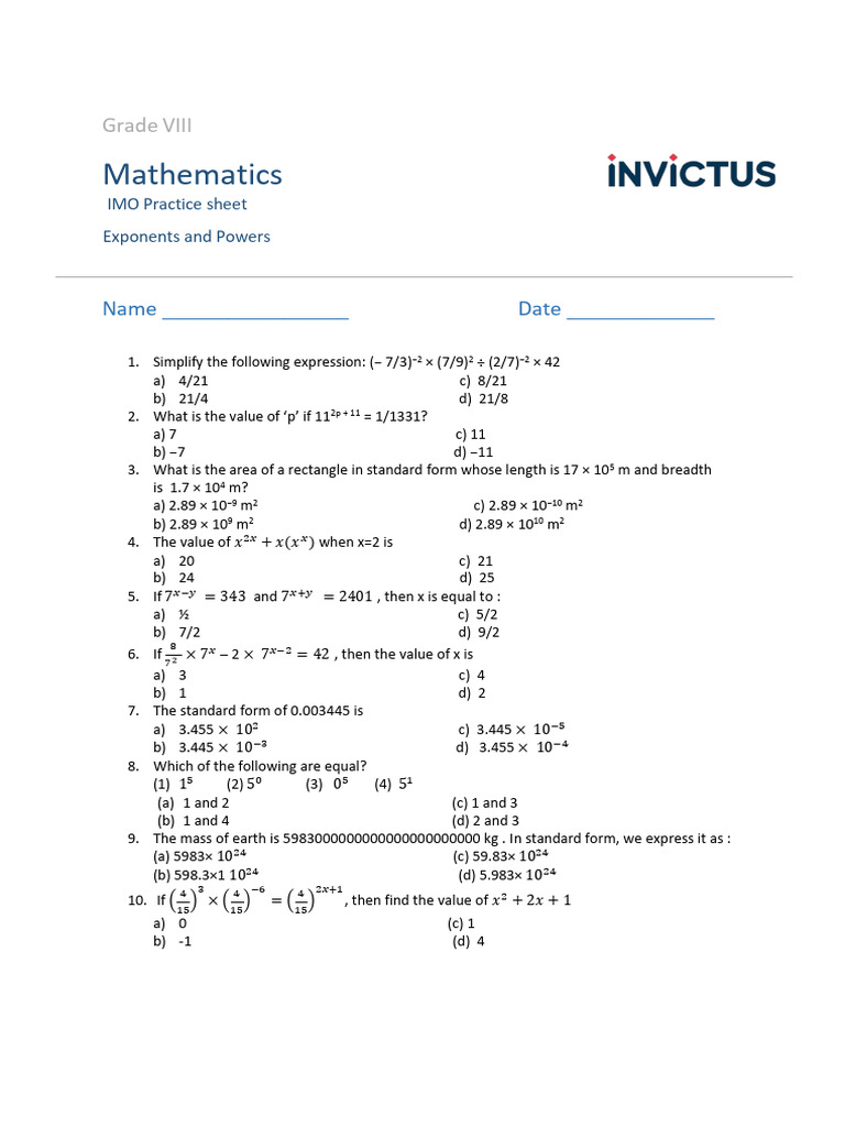 IMO Grade VIII Practice Sheet Exponents and Powers-1 | PDF