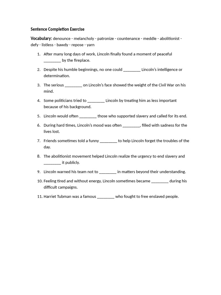 Vocabulary Sentence Completion Exercise | PDF
