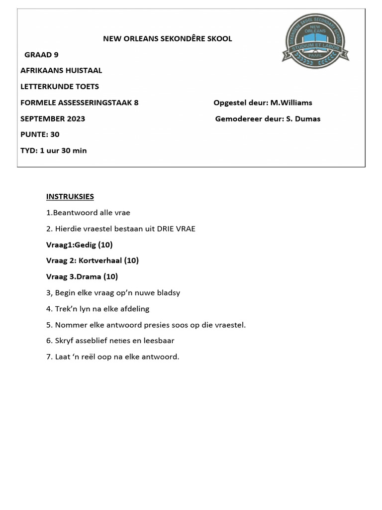 Graad 9 Sep Toets Final | PDF