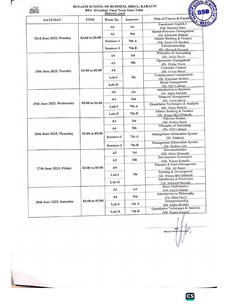 Final Time Table | PDF
