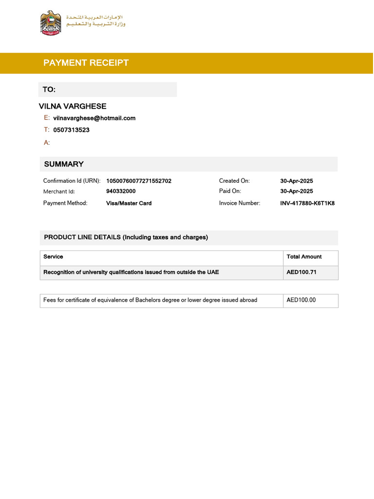 Payment Receipt for Degree Equivalence | PDF