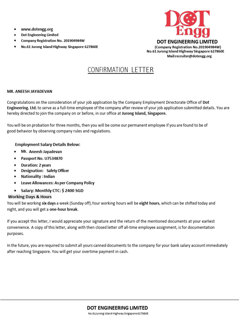 Aneesh Jayadevan Dot Engineering Confirmation Letter | PDF | Employment | Labor