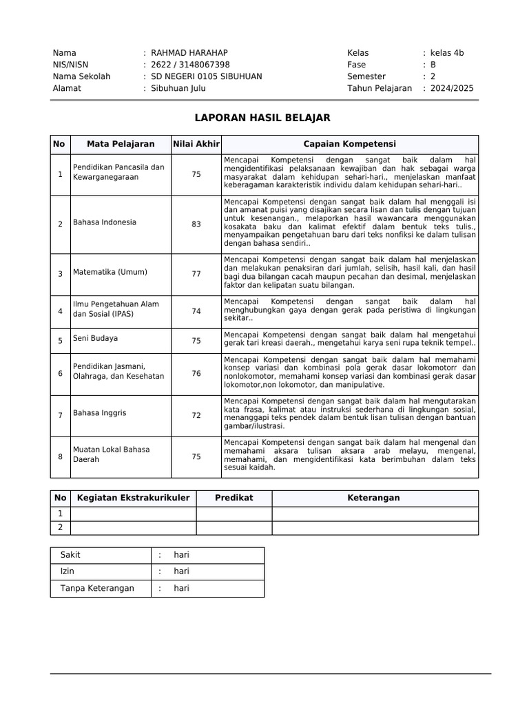 Rapor - RAHMAD HARAHAP | PDF
