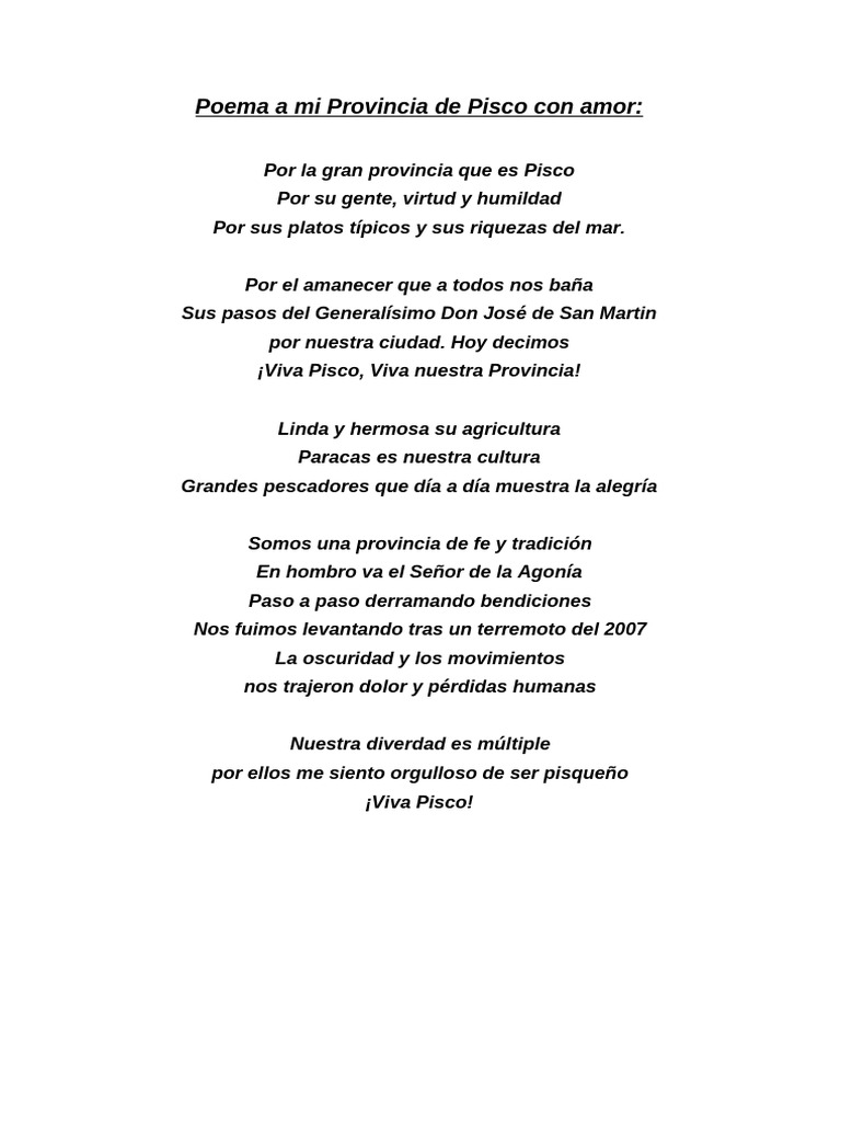 Poema A Mi Provincia de Pisco Con Amor | PDF