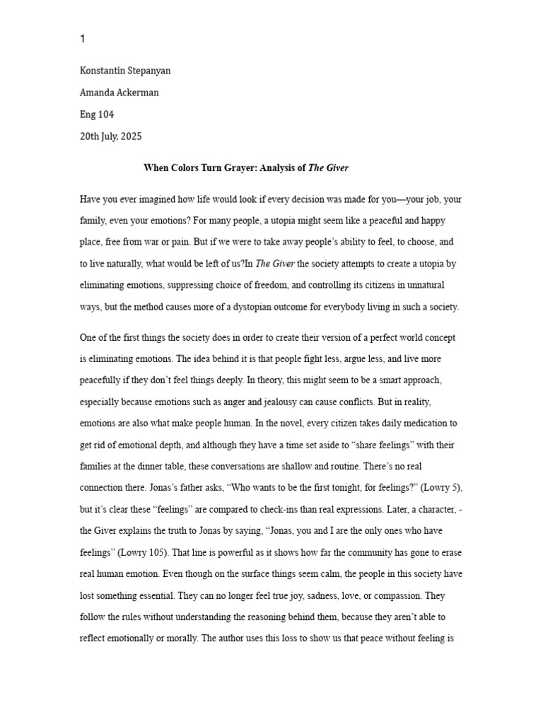 The Giver Research Paper Final | PDF | The Giver | Feeling
