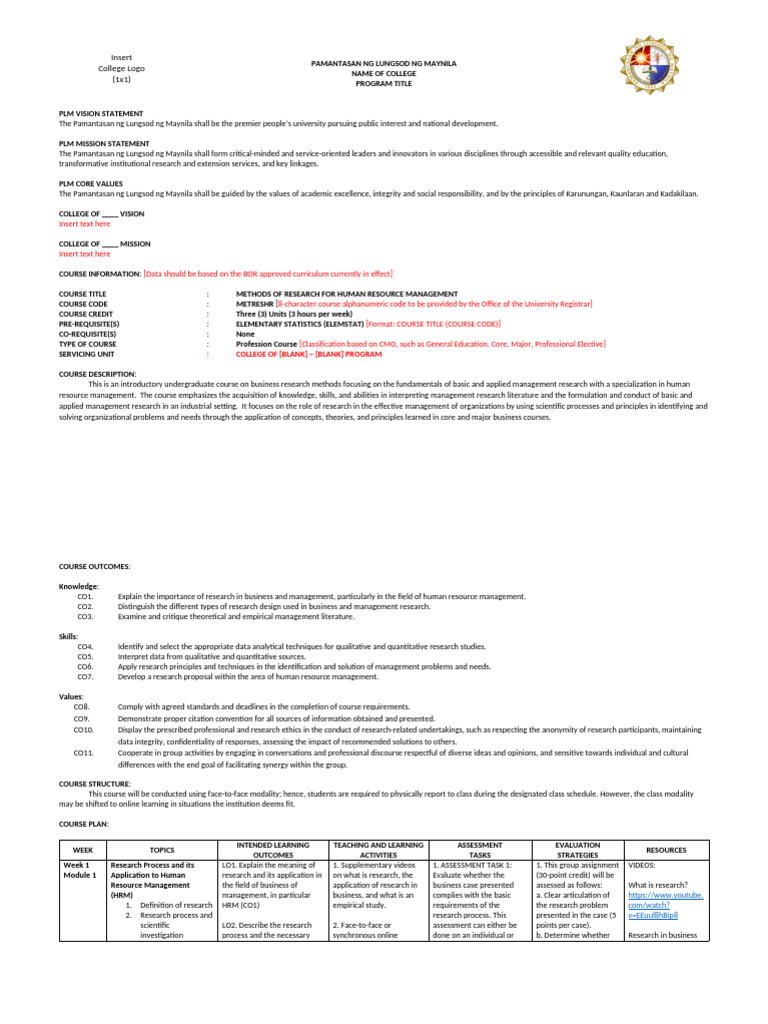 PRESENTATION PLM Sample Syllabus Outline | PDF | Hypothesis ...
