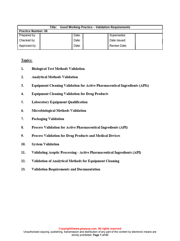 Good Practice Validation Requirements For Pharmaceutical Manufacturing Sample | PDF ...