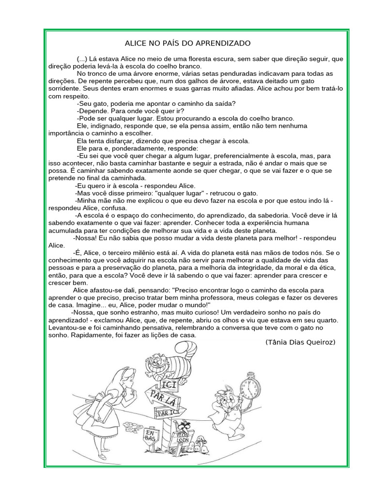 Alice No País Do Aprendizado 1º Dia de Aula | PDF | Aprendizado | Gatos