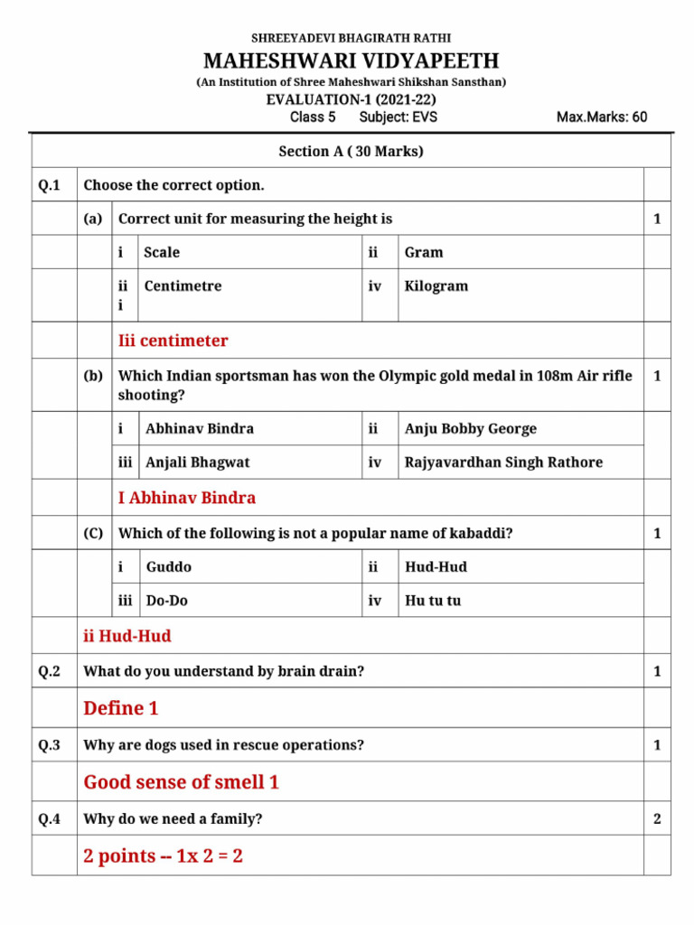 5 Evs Eval-1 A&b Ans Key | PDF