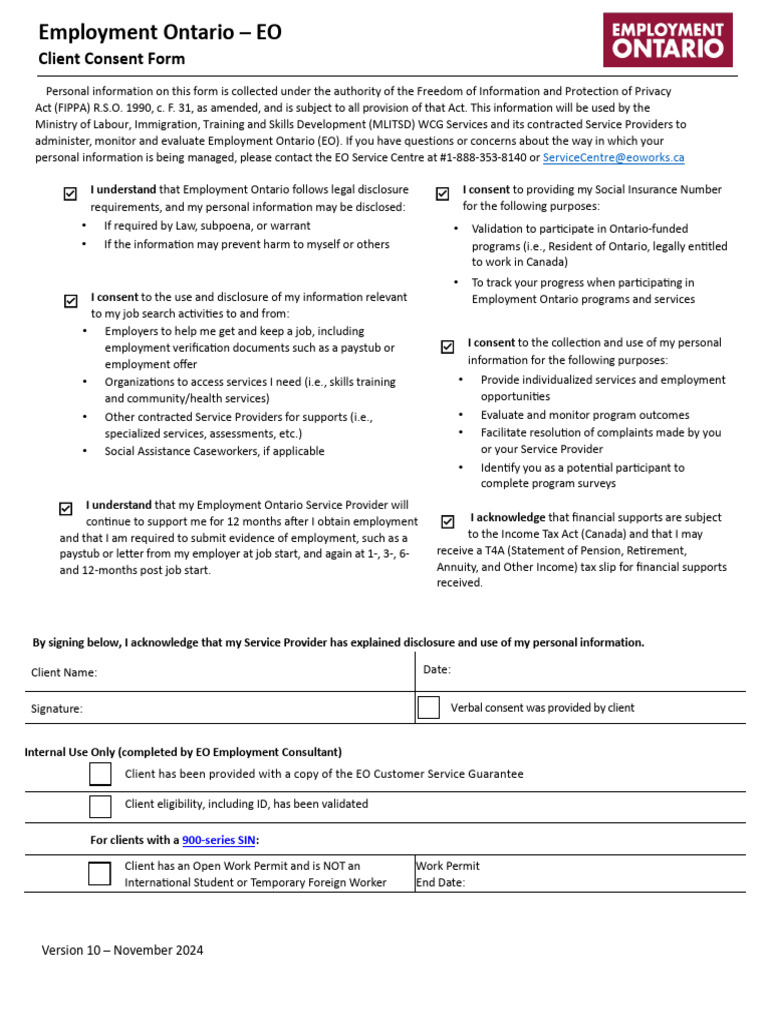 Employment Ontario Client Consent Form | PDF | Employment | Justice
