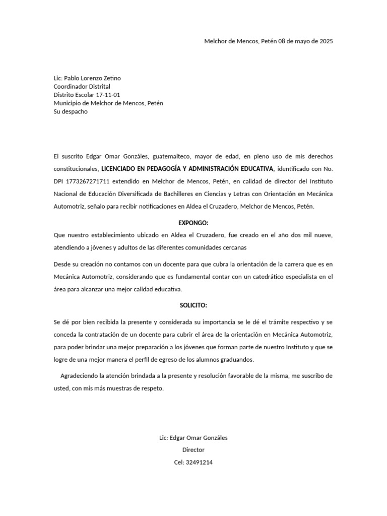 Solicitud para Solicitar Mecánico Del Ined. | PDF