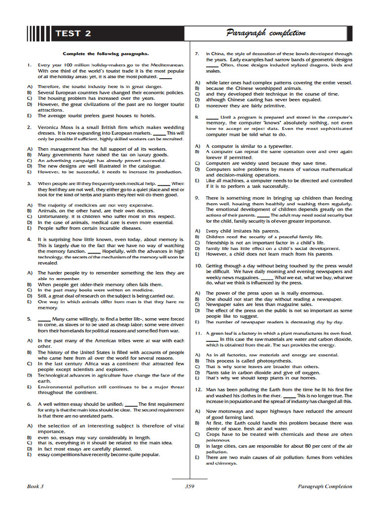 Paragraph Completion Test and Answer Key (1) | PDF