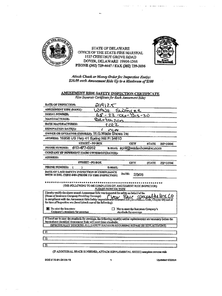 Delaware State Fair Ride Inspection 2025 | PDF