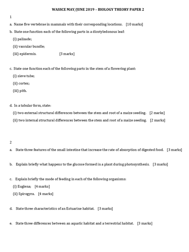 WASSCE 2019 Biology Paper 2 Questions | PDF | Plant Stem | Biology