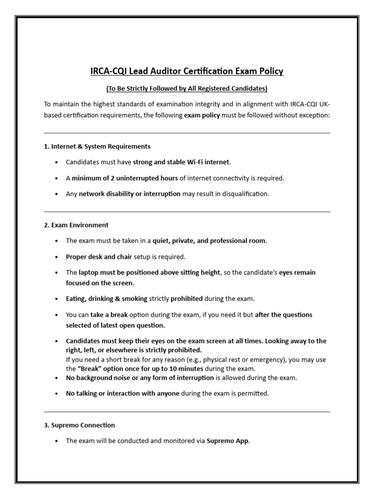 IRCA CQI Exam Policy - Updated 2025 | PDF | Headphones
