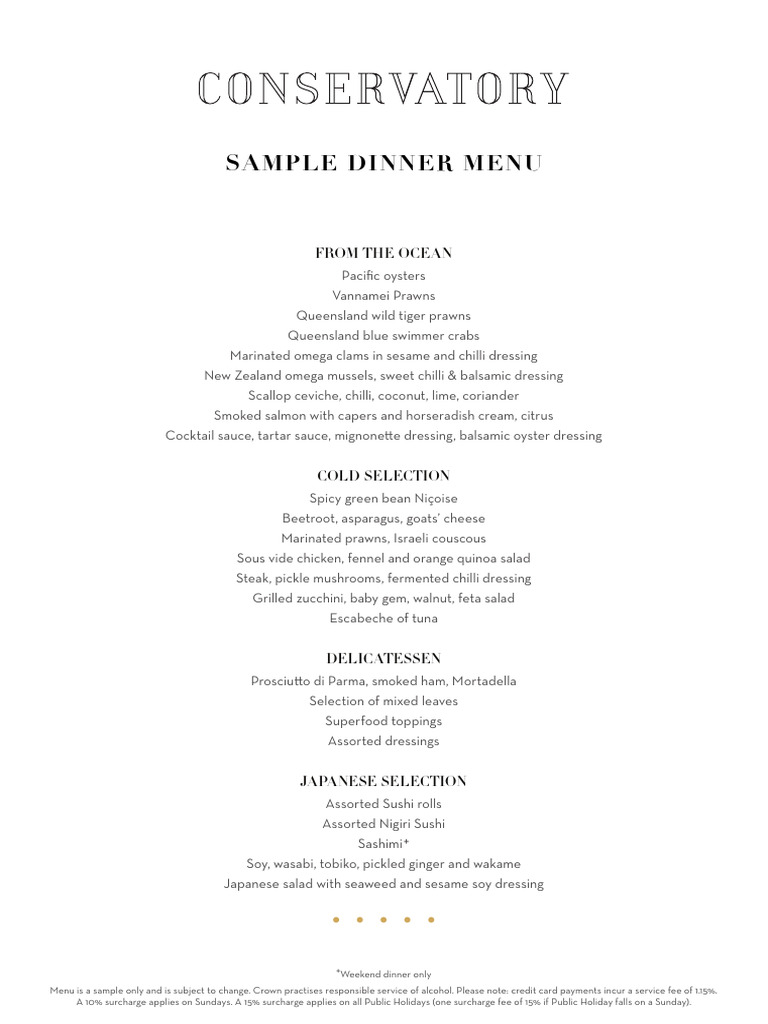Conservatory Dinner Menu Overview | PDF | Sauce | Pickling