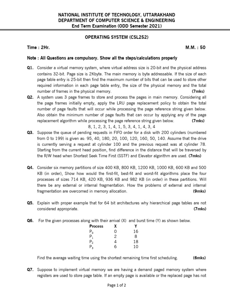 OS Question Paper - End - Term | PDF | Computer Engineering | Computing