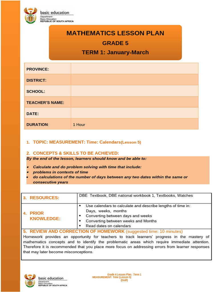 Grade 4 Term 1 Time Lesson 5 | PDF | Learning | Lesson Plan
