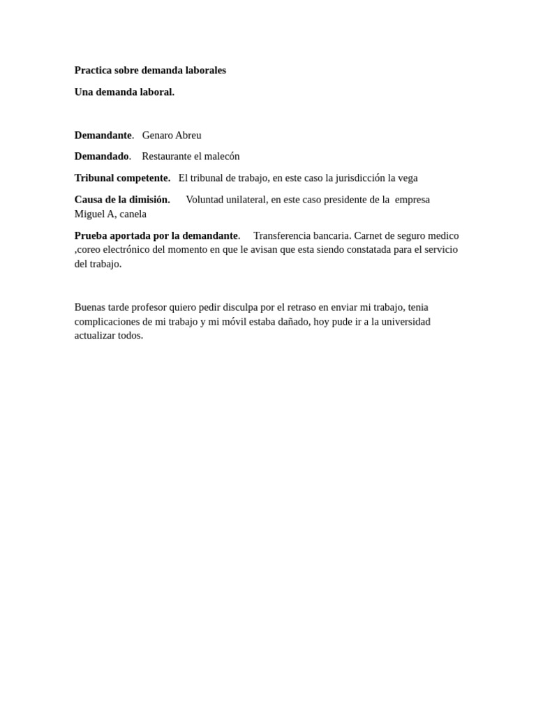Demanda Laboral: Genaro Abreu vs. Restaurante | PDF