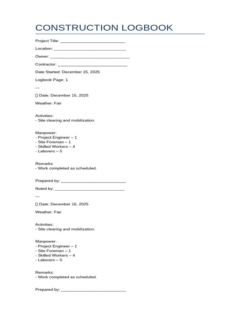 Construction Logbook for Project Tracking | PDF | Composite Material ...