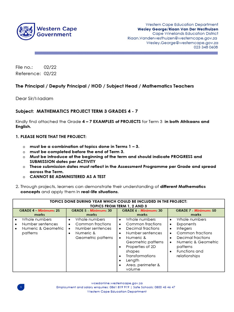 Grade 4-7 Term 3 Maths Project Guide | PDF | Numbers | Integer