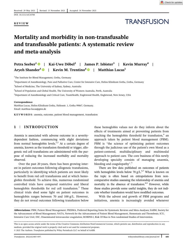 Outcomes in Transfusable vs Non-Transfusable Patients | PDF | Blood ...