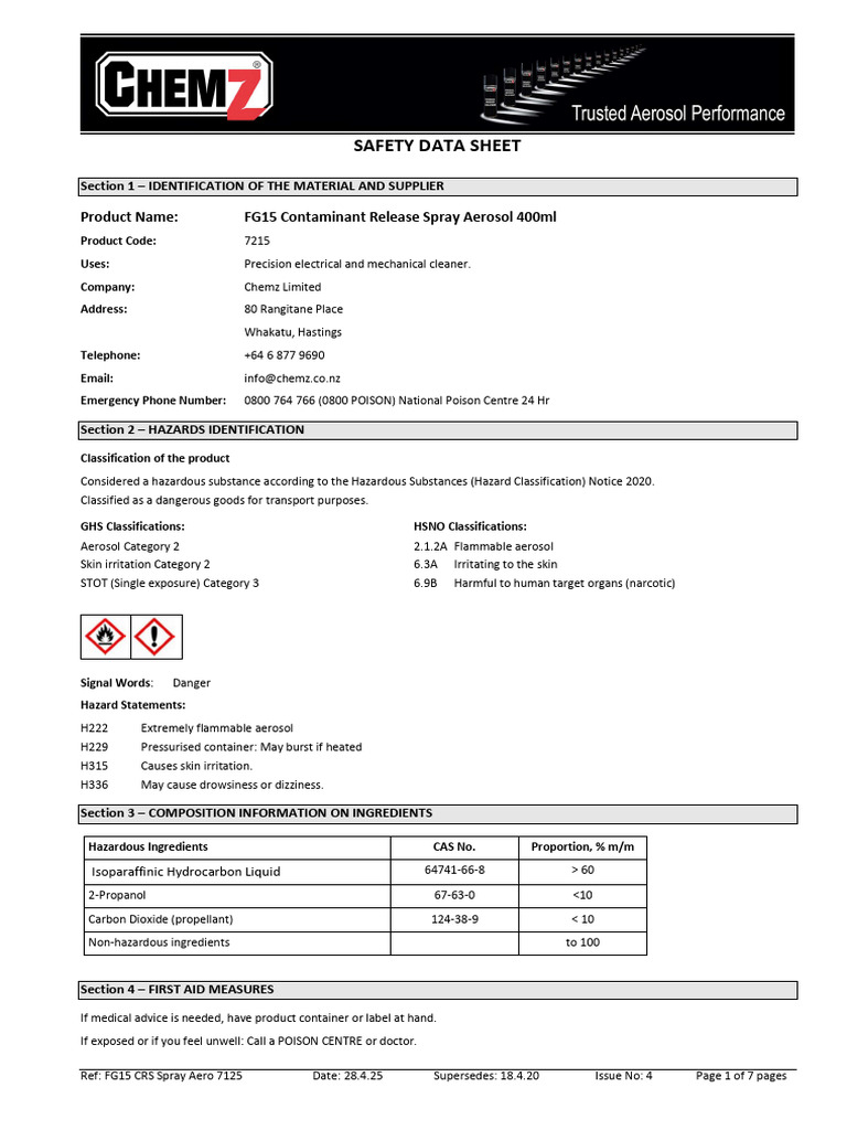 Chemz 7215 FG15 Contaminant Release Spray Aerosol SDS 28.04.25 v4 | PDF ...