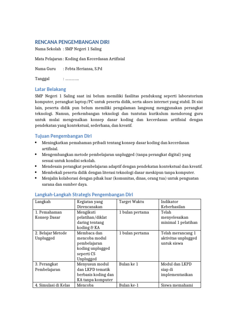 Rencana Pengembangan Diri Koding Dan KA Di SMPN1Saling | PDF