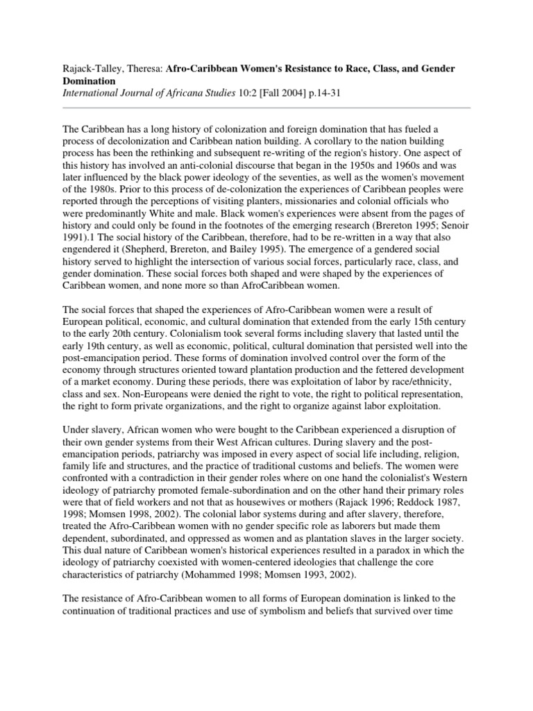 Afro-Caribbean Women's Resistance To Race, Class and Gender Domination ...