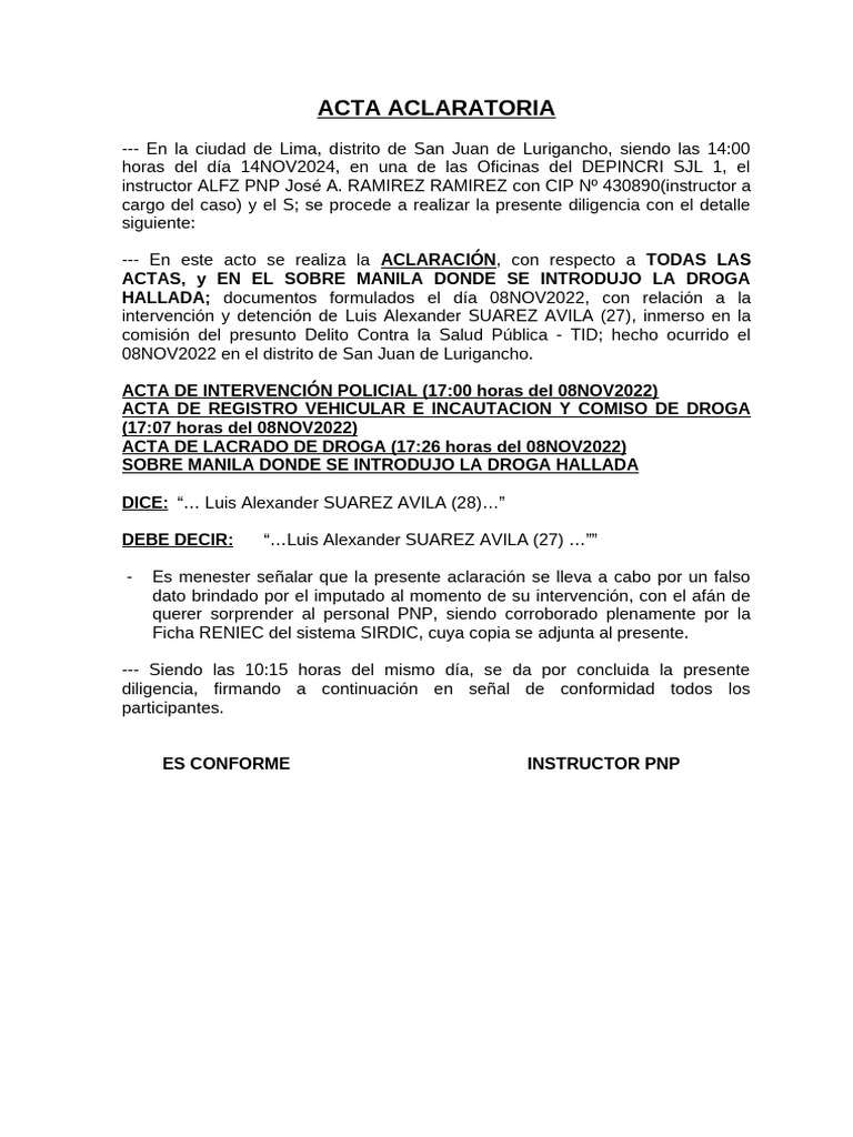 Aclaraciones en Actas de Intervención Policial | PDF