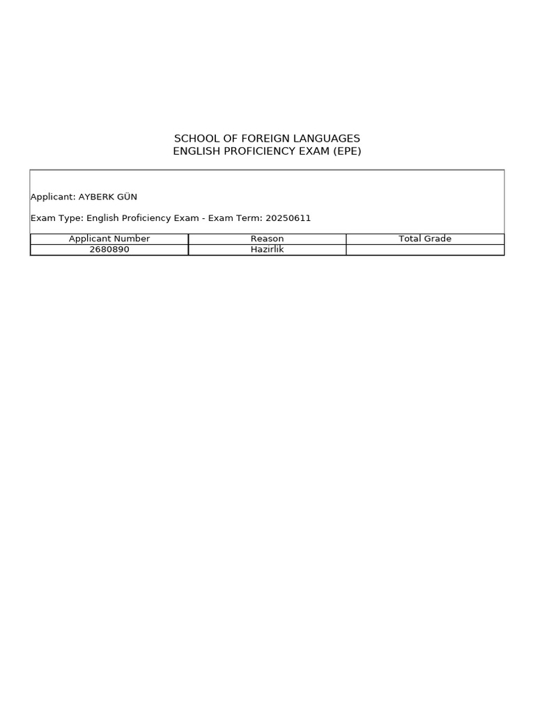 School of Foreign Languages English Proficiency Exam (Epe) | PDF