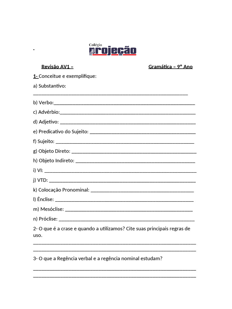 Revisao AV1 - 9º Ano - Gramatica | PDF | Gramática | Sintaxe