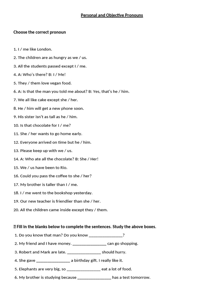 Personal and Objective Pronouns - Verb To Be Exercises | PDF