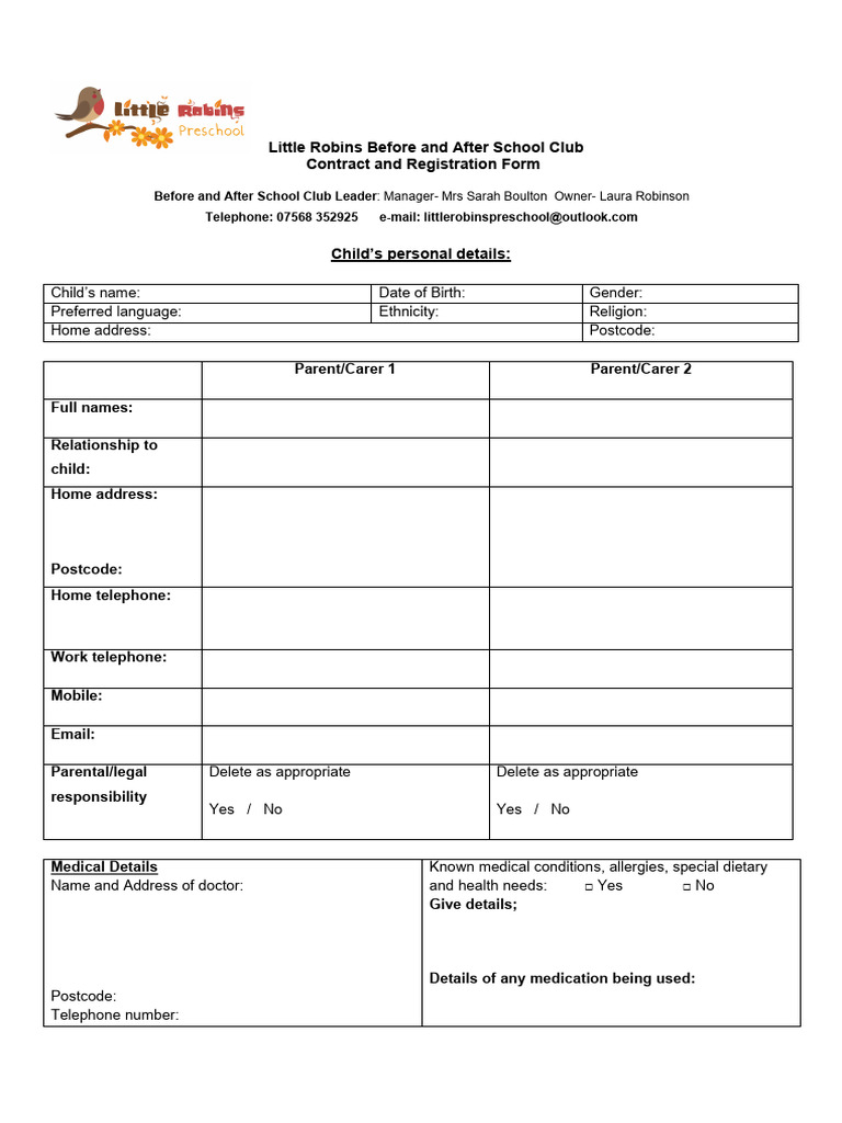 After School Club Contract and Registration Form | PDF