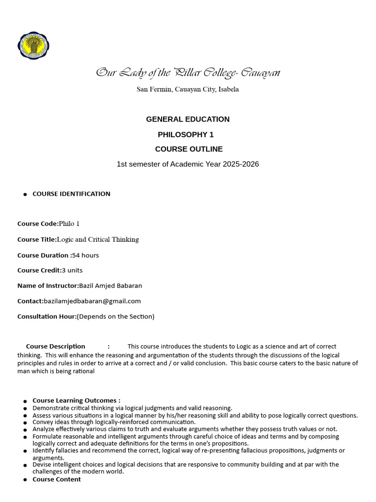 COURSE Outline Logic Critical Thinking - Docx - 20250716 - 212749 ...