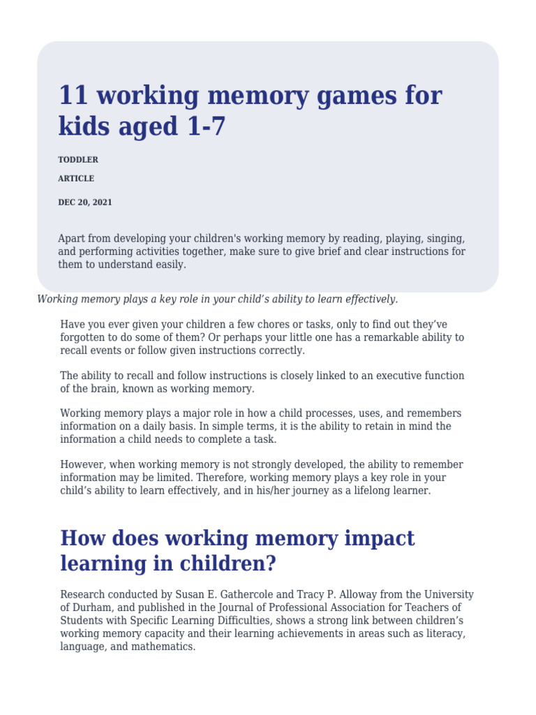 11 Working Memory Games For Kids Aged 17 | PDF | Memory | Working Memory