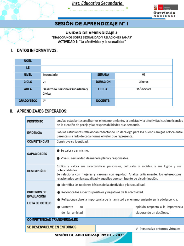 SESIÓN 1 (U3) (3° Grado) - DPCC | PDF | Aprendizaje | La sexualidad humana