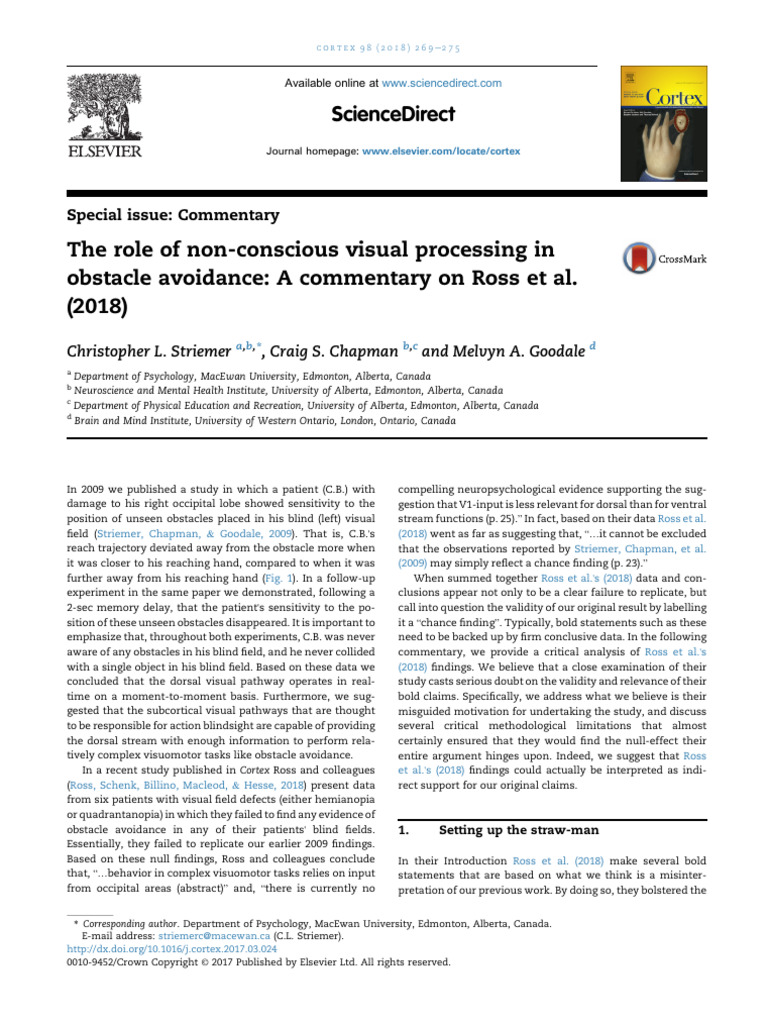 The Role of Non Conscious Visual Processing in Obstacle Avoidance 2018 ...