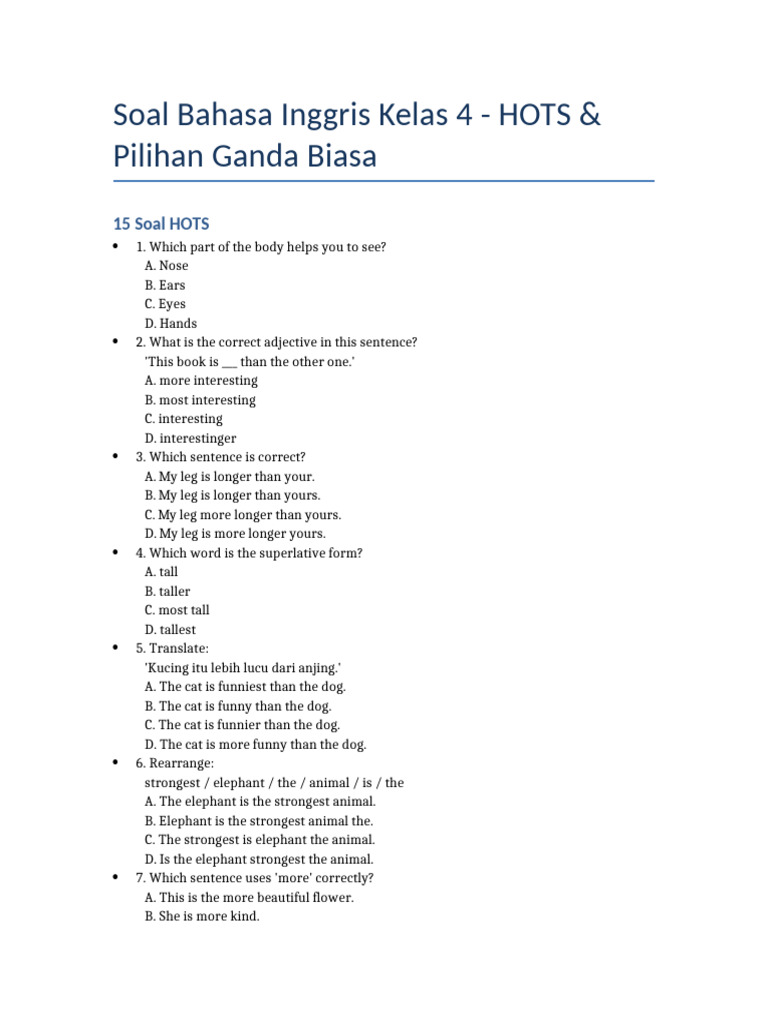 Soal Bahasa Inggris Kelas 4 Body Adjective Comparison | PDF