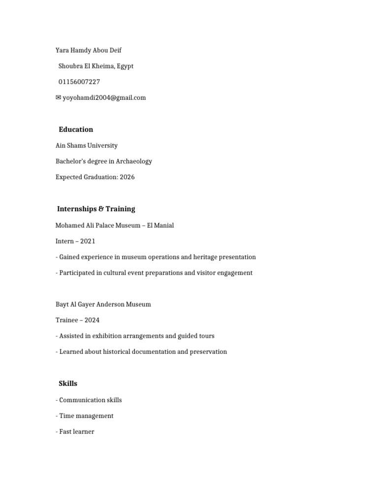 Yara Hamdy: Archaeology Student Profile | PDF
